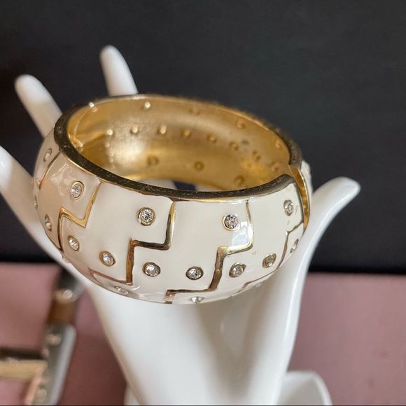 Jewelry | Wide White And Gold Enamel Bangle With Crystalsrhinestones ...